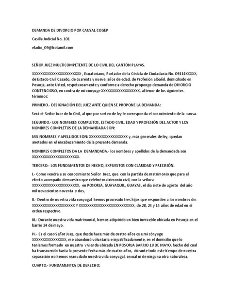 Demanda De Divorcio Por Causal Cogep Pdf Divorcio Matrimonio