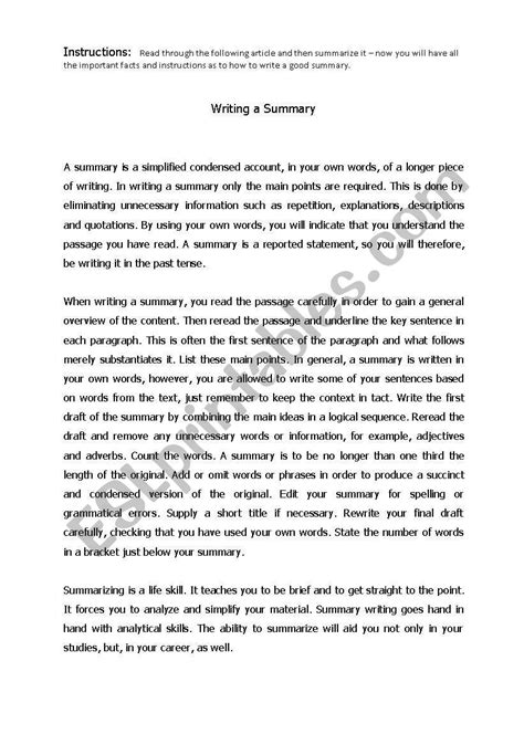 How To Write A Summary Esl Worksheet By Gr8educator