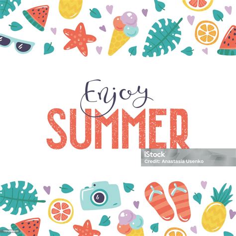 여름을 즐기십시오라는 문구가 적힌 배너 컬러 플랫 벡터 아이콘 여름 포스터입니다 여름 방학의 귀여운 낙서 그림 녹색 열대 잎 불가사리 선글라스 과일 꽃 마음 0명에 대한
