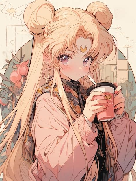Premium Photo Anime Girl With Long Blonde Hair Drinking Coffee And