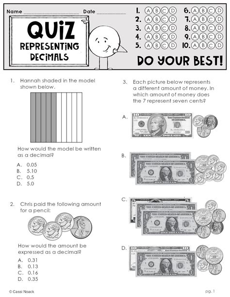 Decimal Model Quiz For Grade 4 Printable Assessment