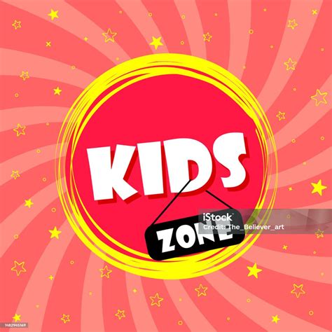 배경과 별표가 있는 만화 스타일의 어린이 영역에 대한 슈퍼 배너입니다 게임과 재미를 위한 장소와 공간 게임 룸의 장식을위한 포스터입니다 벡터 그림입니다 3차원 형태에 대한