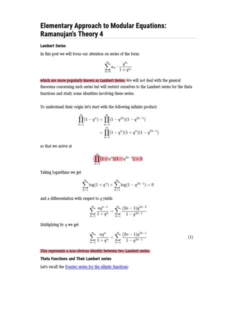 2012 01 Elementary Approach To Modular Equations Ramanujans Theory 4 Pdf Special Functions