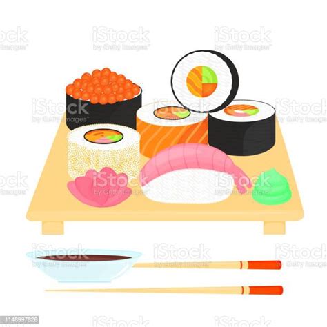 초밥 세트입니다 연어와 함께 붉은 생선의 캐 비어로 초밥 새우가 들어 있습니다 일본 전통 음식 간장 생강 와 사비 젓가락 접시 0명에 대한 스톡 벡터 아트 및 기타 이미지