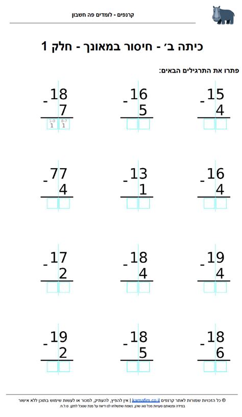 תרגול חיסור במאונך לכיתה ב׳ חלק 1 קרנפים דפי עבודה בחשבון 🦏