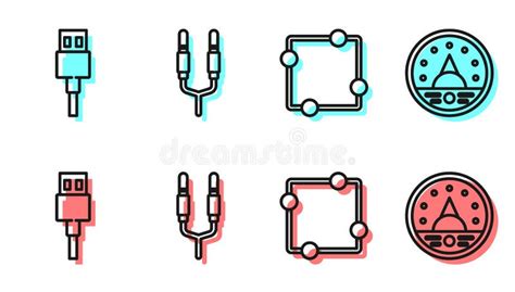 Set Line Electric Circuit Scheme Usb Cable Cord Audio Jack And Ampere Meter Multimeter