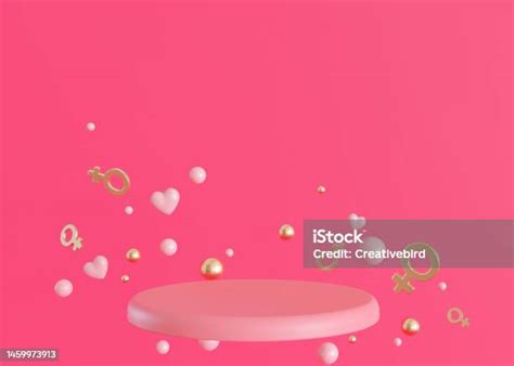 날아다니는 하트 구체 여성의 성별 기호가 있는 분홍색 연단 여성의 날 플랫폼 아름다움을위한 무대 화장품 발표 모의 빈 장면 디스플레이 쇼케이스 3d 렌더링 0명에 대한 스톡