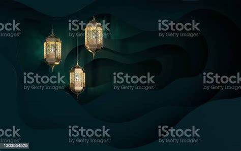촛불 아랍어 장식램프 종이 파도 아라베스크 디자인이 있는 황금 무슬림 등불 이슬람 축하 날 라마단 카림 또는 이드 알 Fitr 아드하에 대한 개념 3d 렌더링 그림 랜턴에