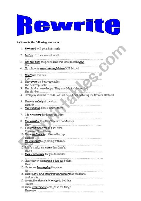 Rewrite The Sentences ESL Worksheet By Jeep