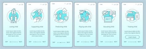 아동 권리 온보딩 모바일 앱 페이지 화면 벡터 템플릿 사랑하고 지지하고 보호하고 치료합니다 선형 삽화가 포함된 연습 웹 사이트 단계 Ux Ui Gui 스마트폰