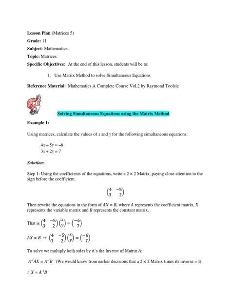 Matrix Method Lesson Plan Pdf Matrix Mathematics Equations