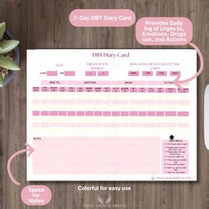 Pink DBT Diary Cards Template Therapy Journal Instant Digital Download Print Gift Idea DBT