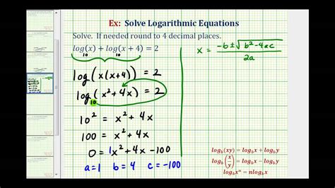 Ex Solve A Logarithmic Equation With A Sum Quadratic Formula YouTube