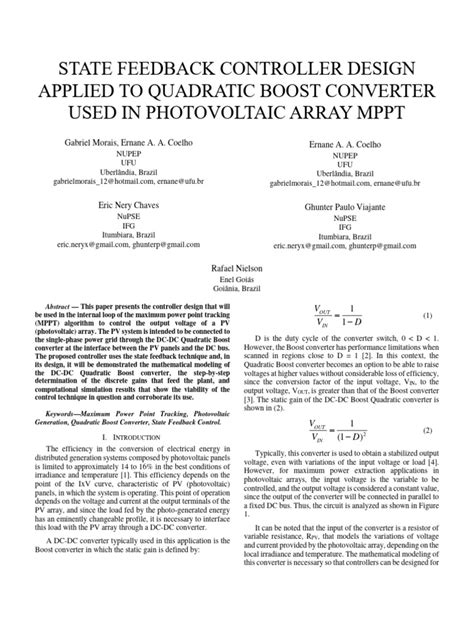 State Feedback Controller Design Applied To Quadratic Boost Converter