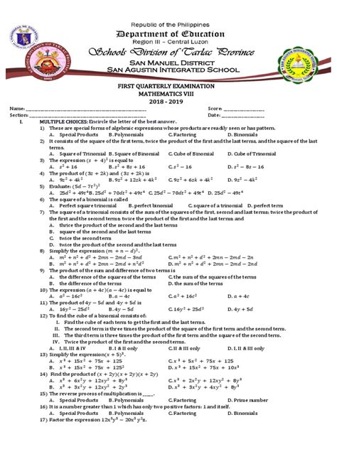 Math 8 Q1 Test Pdf Factorization Polynomial