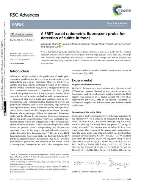 Pdf A Fret Based Ratiometric Fluorescent Probe For Detection Of Sulfite In Food