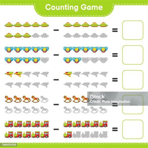 카운트 앤 매치 기차 Ufo 젖꼭지 물 총 흔들 말의 수를 계산하고 올바른 숫자와 일치합니다 교육 어린이 게임 인쇄 워크 시트
