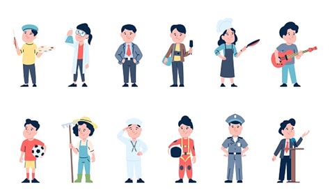 교복을 입은 아이들 아이들은 언론인 과학자 사업가 농부 요리사 화가 또는 예술가 선원 경찰관 등 전문직에서 놀고 있습니다 귀여운 최근 벡터 캐릭터 건설업자에 대한 스톡 벡터