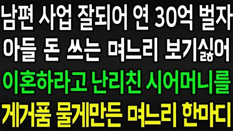 사이다사연 남편 사업 잘되어 연 30억 벌자 아들 돈 쓰는 며느리 보기싫어 이혼하라 난리친 시어머니 게거품 물고 뒤집어진 이유 실화사연라디오사연 Youtube