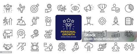 개인 성장과 성공 라인 스타일의 웹 아이콘 세트 웹 및 모바일 앱을 위한 성장 및 성공 아이콘 성장 이익 경력 발전 비즈니스 사람 전략 코칭 개인 교습 성공 Mental