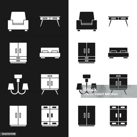 큰 침대 옷장 안락의자 사무실 책상 샹들리에 서랍장 아이콘을 놓으세요 벡터 0명에 대한 스톡 벡터 아트 및 기타 이미지 0명 가구 가정의 방 Istock