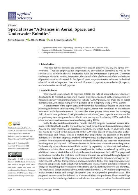 Pdf Special Issue “advances In Aerial Space And Underwater Robotics”
