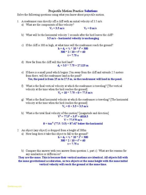 Projectile Motion Simulation Worksheet Answer Key — Db