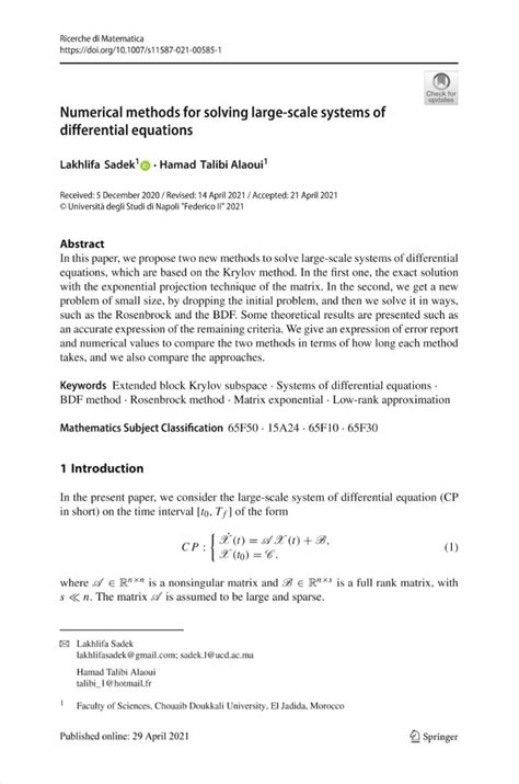 Pdf Numerical Methods For Solving Large Scale Systems Of Differential Equations