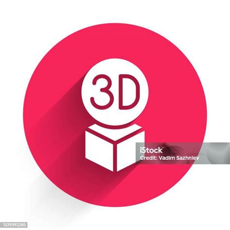 긴 그림자로 격리된 흰색 등색 큐브 아이콘입니다 기하학적 큐브 솔리드 아이콘입니다 3d 정사각형 기호입니다 상자 기호입니다 빨간색 원 버튼입니다 벡터 0명에 대한 스톡 벡터