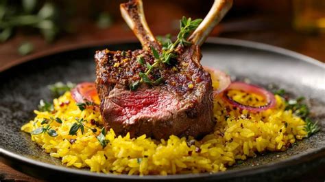 Roasted Lamb Chops With Saffron Risotto Stock Illustration