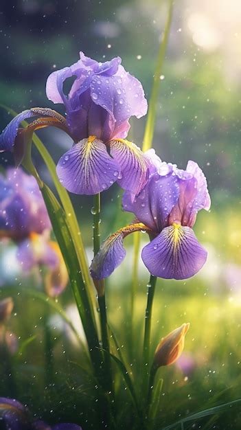 Premium Ai Image Blooming Iris Flowers With Drops Of Water Closeup
