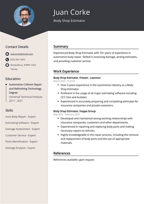 Body Shop Estimator Resume Example Free Guide