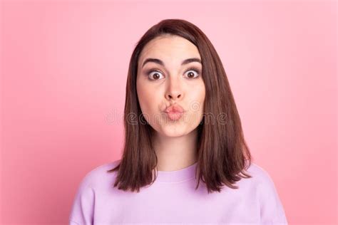 Photo Of Young Lovely Girl Pouted Lips Send Air Kiss Romantic Feelings Isolated Over Pink Color