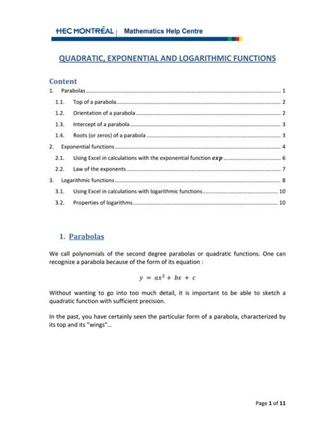 Quadratic Exponential And Logarithmic Functions