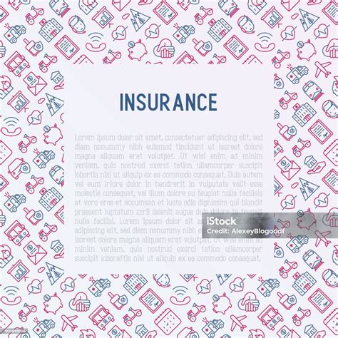 얇은 선 아이콘으로 보험 개념 건강 생활 자동차 집 저축 현대 벡터 일러스트 레이 션 배너 웹 페이지 인쇄 미디어 내부 텍스트에