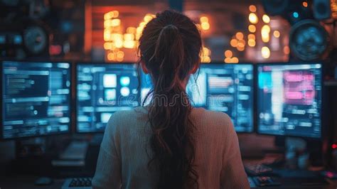 Woman Programmer Coding Late At Night Surrounded By Multiple Monitors