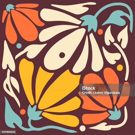 대담한 레트로 플로럴 프린트 현대 중반 세기의 손으로 그린 예술과 민속 그래픽에서 영감을 받았습니다 꽃과 나뭇잎이 있는 복고풍