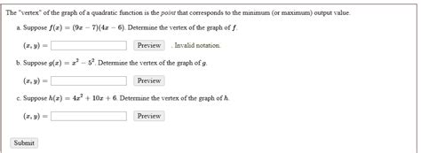 Solved The Feitex Of The Graph Ofa Quadratic Function Is The Point