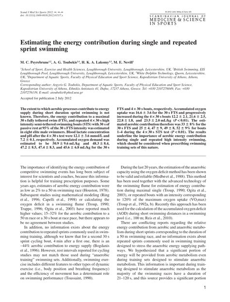Pdf Estimating The Energy Contribution During Single And Repeated Sprint Swimming