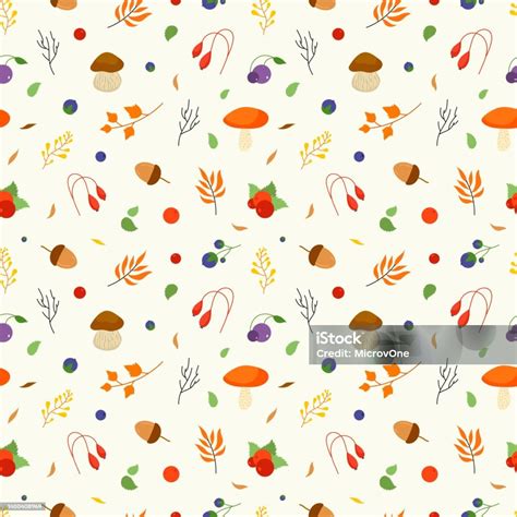 버섯 도토리 및 가지 템플릿 가을 숲 자연 이음새없는 패턴 노란색 오렌지 잎과 밝은 열매 계절별 벡터 배경 디자인 가을에 대한 스톡 벡터 아트 및 기타 이미지 Istock