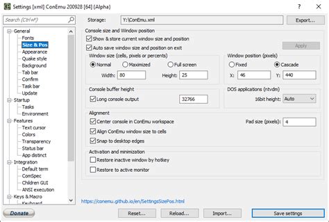 Conemu Settings › Sizepos Page