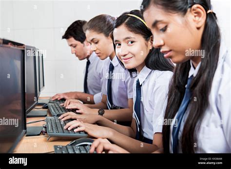 Indian School Students Girl Using Computer Studying Education Learning