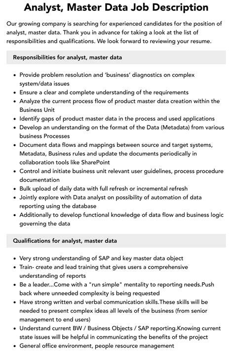 Analyst Master Data Job Description Velvet Jobs