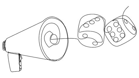 주사위가있는 메가폰의 연속 라인 얇은 선 그림 벡터 개념입니다 윤곽 그리기 창의적인 아이디어 가능성에 대한 스톡 벡터 아트 및