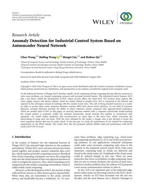 Pdf Anomaly Detection For Industrial Control System Based On Autoencoder Neural Network