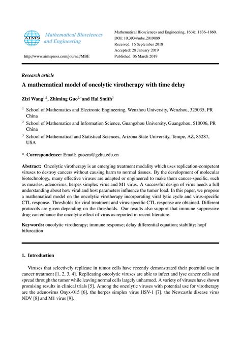Solution A Mathematical Model Of Oncolytic Virotherapy With Time Delay
