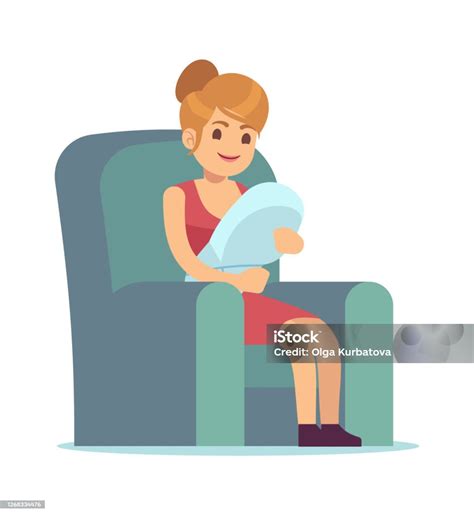 신생아와 행복한 엄마 어린 아들을 안고 집에서 안락의자에 앉아 있는 젊은 여성 캐릭터 모성 컨셉 벡터 만화 플랫 고립 일러스트 가정 생활에 대한 스톡 벡터 아트 및 기타