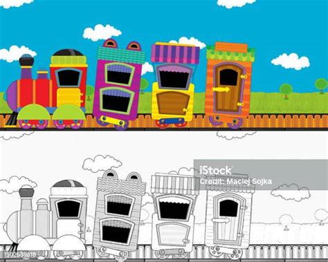 무대에 아무도 없는 초원을 통과하는 만화 재미있어 보이는 증기 기관차 아이들을 위한 삽화 0명에 대한 스톡 벡터 아트 및 기타 이미지 Istock