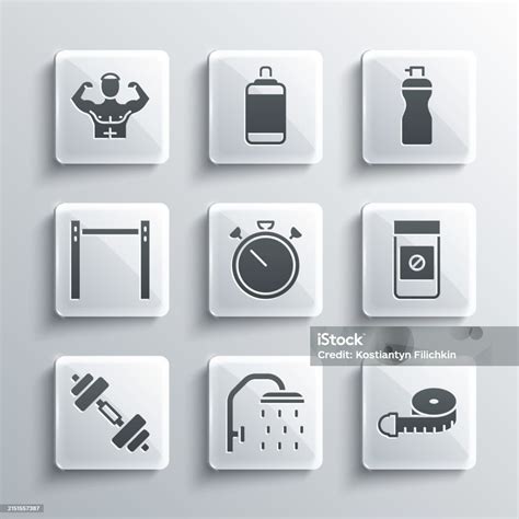 샤워 헤드 줄자 단백 동화 약물 스톱워치 아령 수평 막대 보디 빌더 근육 및 피트니스 셰이커 아이콘을 설정합니다 벡터 건강한 생활방식에 대한 스톡 벡터 아트 및 기타 이미지