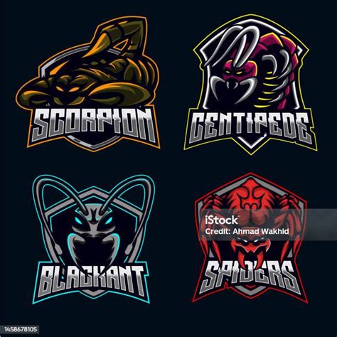 곤충 캐릭터 세트 전갈 지네 개미 거미 E스포츠 마스코트 엠블럼 디자인 번들 세트 아이콘 컬렉션 벡터 일러스트 레이 션 게임 팀 전갈에 대한 스톡 벡터 아트 및 기타 이미지
